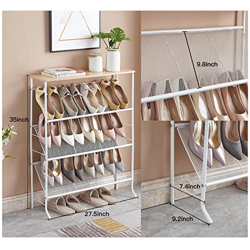 Nevfiro 4-Tier Shoe Rack Storage Organizer, Narrow Shoe Rack Shelves with 3 Metal Mesh for Bedroom Closet, Entryway, Hallway, Wire Grid, Shoe Shelf with Wood Top Board, 10-12 Pairs