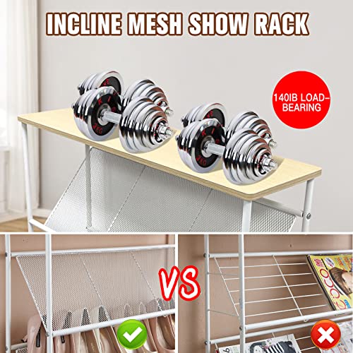 Nevfiro 4-Tier Shoe Rack Storage Organizer, Narrow Shoe Rack Shelves with 3 Metal Mesh for Bedroom Closet, Entryway, Hallway, Wire Grid, Shoe Shelf with Wood Top Board, 10-12 Pairs