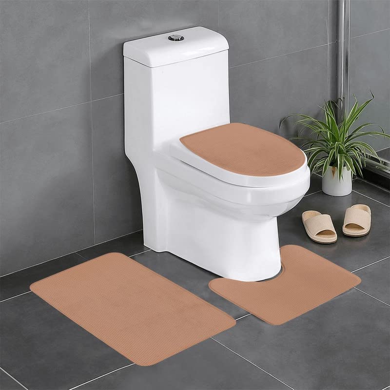 Modern Minimalist Brown Striped Bathroom Floor Mat, Premium Bathroom Decor, Bathroom Carpet Set 3 Piece U-Shaped Toilet Carpet with Toilet Lid