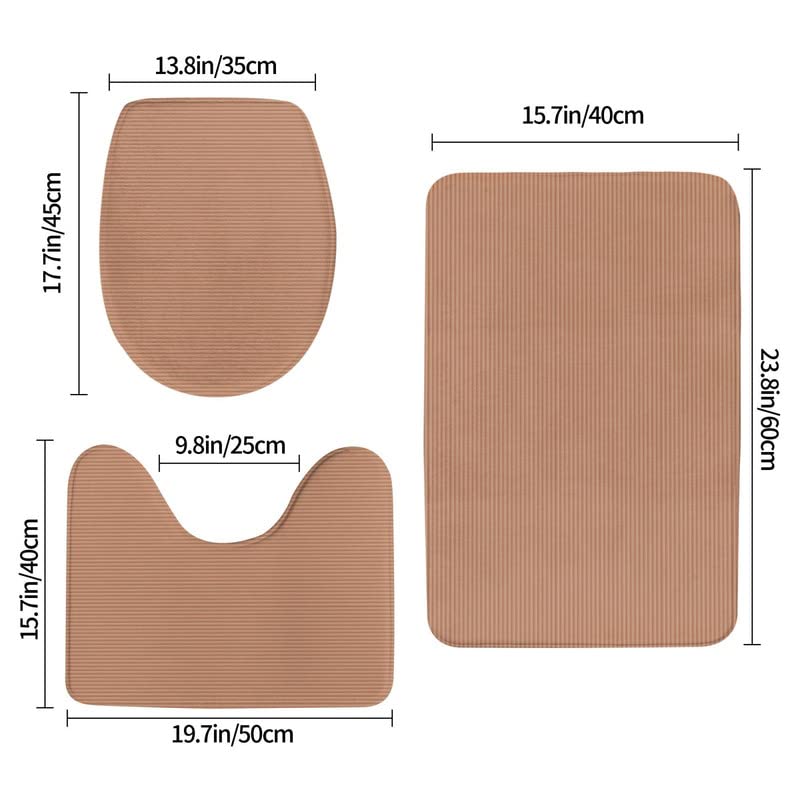 Modern Minimalist Brown Striped Bathroom Floor Mat, Premium Bathroom Decor, Bathroom Carpet Set 3 Piece U-Shaped Toilet Carpet with Toilet Lid