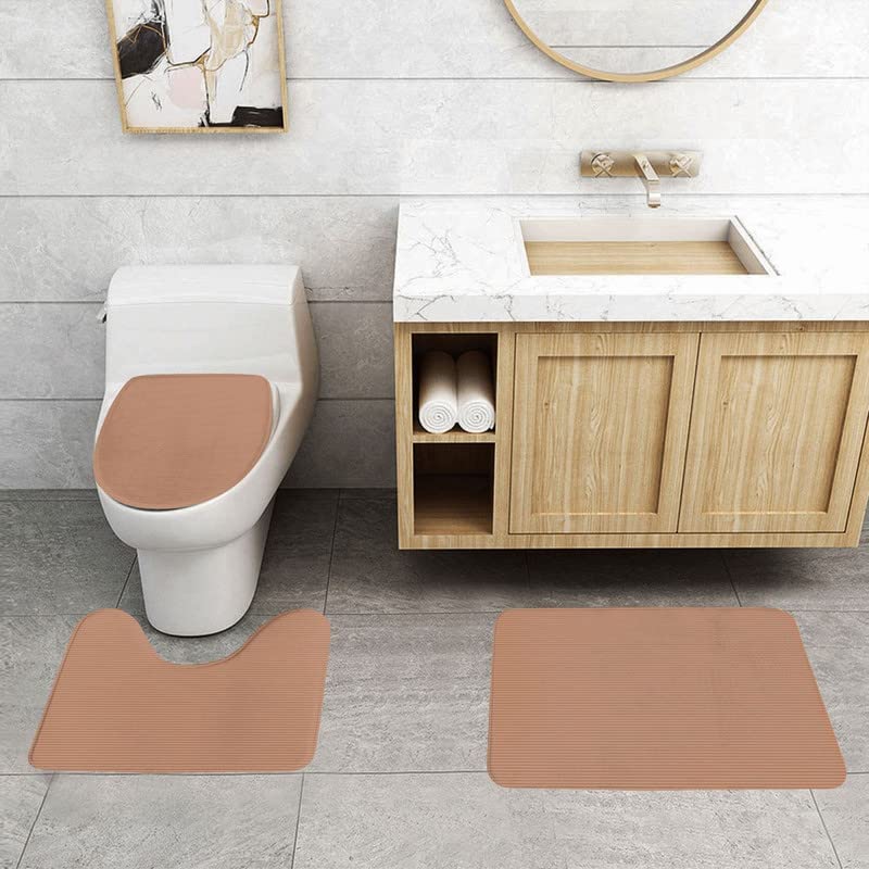 Modern Minimalist Brown Striped Bathroom Floor Mat, Premium Bathroom Decor, Bathroom Carpet Set 3 Piece U-Shaped Toilet Carpet with Toilet Lid