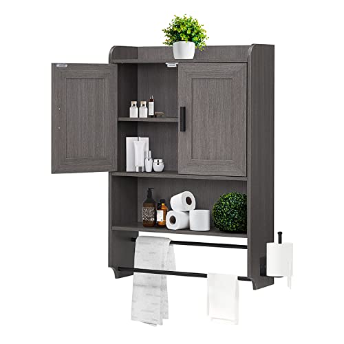 Liampoo Wood Bathroom Wall Cabinet, Medicine Cabinet Organizer with Doors and Adjustable Shelves, Over The Toilet Storage Cabinet with Towel Bar, Multipurpose Storage Cabinet for Bathroom, Living Room