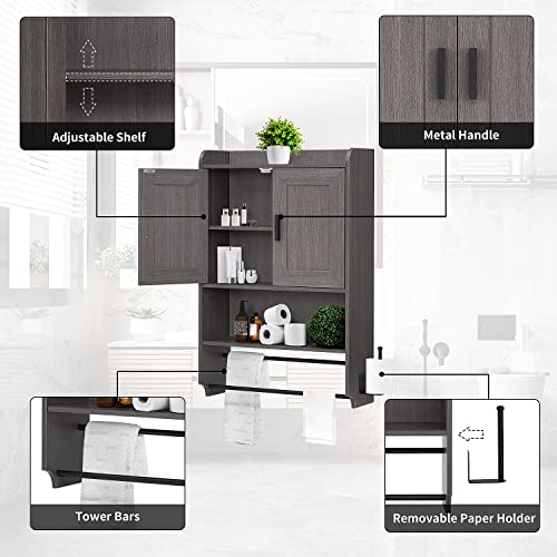 Liampoo Wood Bathroom Wall Cabinet, Medicine Cabinet Organizer with Doors and Adjustable Shelves, Over The Toilet Storage Cabinet with Towel Bar, Multipurpose Storage Cabinet for Bathroom, Living Room