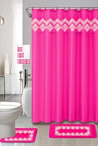 empire home 18 piece vibrant diamond bathroom set bath rugs shower curtain hooks & 3pc towel set (hot pink)