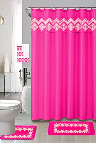 Empire Home 18 Piece Vibrant Diamond Bathroom Set Bath Rugs Shower Curtain Hooks & 3pc Towel Set (Hot Pink)