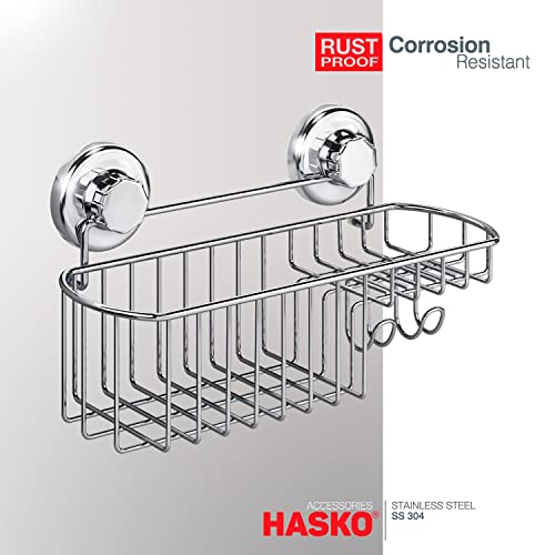 HASKO accessories - Powerful Vacuum Suction Cup Shower Caddy Basket for Shampoo - Combo Organizer Basket with Soap Holder and Hooks - Stainless Steel Holder for Bathroom Storage (Chrome)