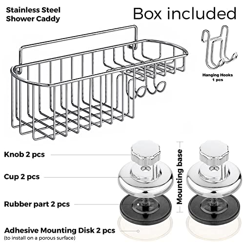 HASKO accessories - Powerful Vacuum Suction Cup Shower Caddy Basket for Shampoo - Combo Organizer Basket with Soap Holder and Hooks - Stainless Steel Holder for Bathroom Storage (Chrome)