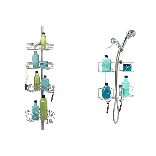 Zenna Home Tension Pole Shower Caddy, Satin Nickel & Expandable Over-The-Shower Caddy, Chrome