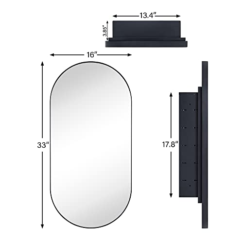 VANA NALA Matt Black Oval Recessed Bathroom Medicine Cabinet with Mirror Stainless Steel Metal Framed Oblong Pill Shaped Bathroom Cabinet with Mirror 16x33''