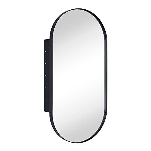 VANA NALA Matt Black Oval Recessed Bathroom Medicine Cabinet with Mirror Stainless Steel Metal Framed Oblong Pill Shaped Bathroom Cabinet with Mirror 16x33''