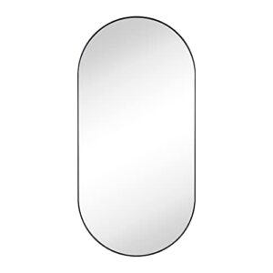 VANA NALA Matt Black Oval Recessed Bathroom Medicine Cabinet with Mirror Stainless Steel Metal Framed Oblong Pill Shaped Bathroom Cabinet with Mirror 16x33''