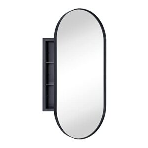 VANA NALA Matt Black Oval Recessed Bathroom Medicine Cabinet with Mirror Stainless Steel Metal Framed Oblong Pill Shaped Bathroom Cabinet with Mirror 16x33''