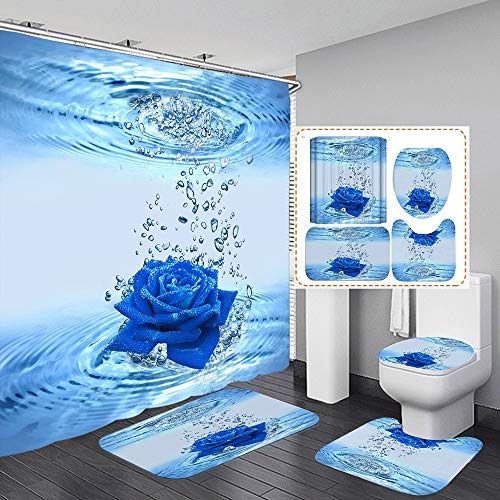 Yuaobeimei Blue Rose in Water Shower Curtain Water Floral Print Modern Style 4Pcs Bathroom Sets with Fabric Curtain, Rugs,and Hooks