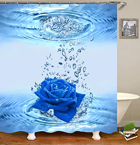 Yuaobeimei Blue Rose in Water Shower Curtain Water Floral Print Modern Style 4Pcs Bathroom Sets with Fabric Curtain, Rugs,and Hooks