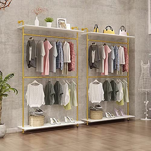 Ethemiable 2-Tier Industrial Metal Pipe Double Hanging Rods Clothing Store Display Stands, Entrance Porch Hanging Garment Rack,Wall Shelf Storage Clothes Shoe Bag (Gold, Only One Shelf 47.2" L)