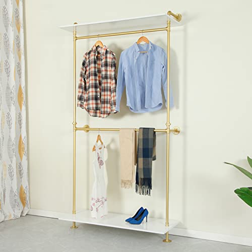 Ethemiable 2-Tier Industrial Metal Pipe Double Hanging Rods Clothing Store Display Stands, Entrance Porch Hanging Garment Rack,Wall Shelf Storage Clothes Shoe Bag (Gold, Only One Shelf 47.2" L)