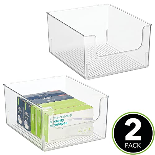 mDesign Modern Plastic Open Front Dip Storage Organizer Bin Basket for Home Office Organization - Shelf, Cubby, Cabinet, and Closet Organizing Decor - Ligne Collection - 2 Pack - Clear