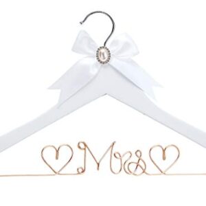 HUIDIAN White Solid Wood Bridal Dress Hanger with Lady Wire Lettering for Bridal Wedding Party Gift (Rose Gold line White Hanger)