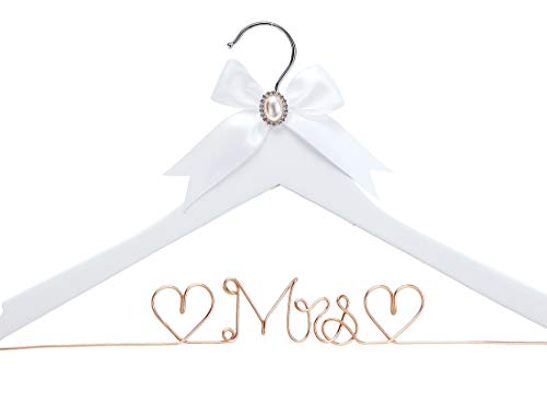 HUIDIAN White Solid Wood Bridal Dress Hanger with Lady Wire Lettering for Bridal Wedding Party Gift (Rose Gold line White Hanger)