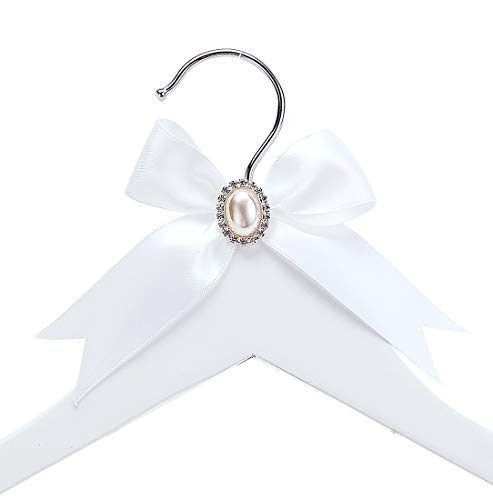 HUIDIAN White Solid Wood Bridal Dress Hanger with Lady Wire Lettering for Bridal Wedding Party Gift (Rose Gold line White Hanger)