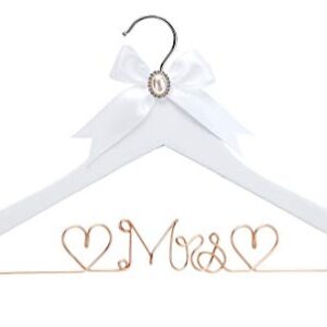 HUIDIAN White Solid Wood Bridal Dress Hanger with Lady Wire Lettering for Bridal Wedding Party Gift (Rose Gold line White Hanger)