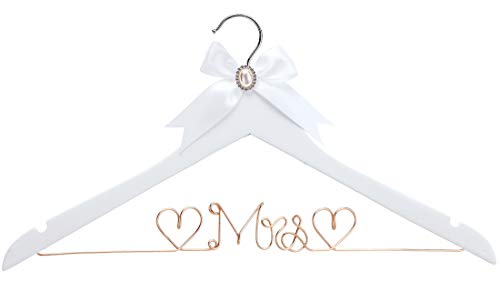 HUIDIAN White Solid Wood Bridal Dress Hanger with Lady Wire Lettering for Bridal Wedding Party Gift (Rose Gold line White Hanger)