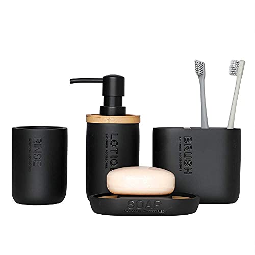 N / C 4 Pcs Resin Bathroom Accessories Set Includes Decorative Soap Dispenser Soap Dish Tumbler Toothbrush Holder with Wood and Bamboo Accessories (Black)