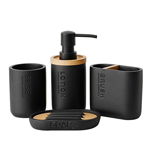 N / C 4 Pcs Resin Bathroom Accessories Set Includes Decorative Soap Dispenser Soap Dish Tumbler Toothbrush Holder with Wood and Bamboo Accessories (Black)