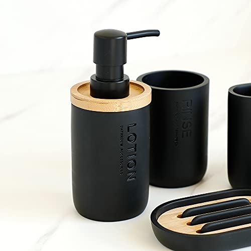 N / C 4 Pcs Resin Bathroom Accessories Set Includes Decorative Soap Dispenser Soap Dish Tumbler Toothbrush Holder with Wood and Bamboo Accessories (Black)