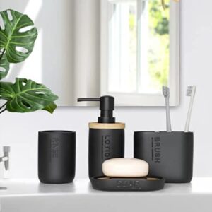 N / C 4 Pcs Resin Bathroom Accessories Set Includes Decorative Soap Dispenser Soap Dish Tumbler Toothbrush Holder with Wood and Bamboo Accessories (Black)