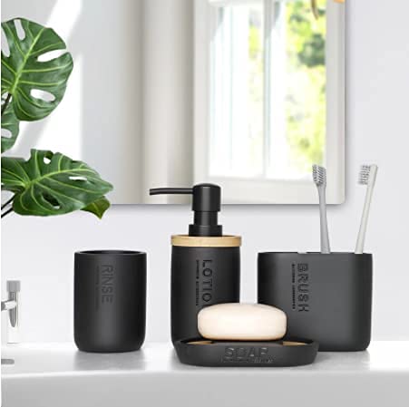 N / C 4 Pcs Resin Bathroom Accessories Set Includes Decorative Soap Dispenser Soap Dish Tumbler Toothbrush Holder with Wood and Bamboo Accessories (Black)