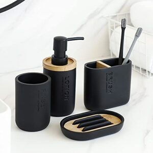 N / C 4 Pcs Resin Bathroom Accessories Set Includes Decorative Soap Dispenser Soap Dish Tumbler Toothbrush Holder with Wood and Bamboo Accessories (Black)