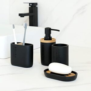 N / C 4 Pcs Resin Bathroom Accessories Set Includes Decorative Soap Dispenser Soap Dish Tumbler Toothbrush Holder with Wood and Bamboo Accessories (Black)