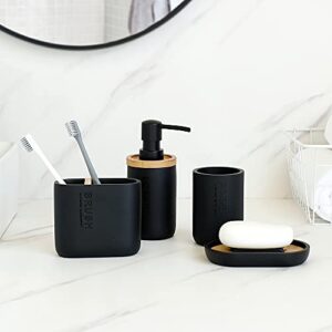 N / C 4 Pcs Resin Bathroom Accessories Set Includes Decorative Soap Dispenser Soap Dish Tumbler Toothbrush Holder with Wood and Bamboo Accessories (Black)