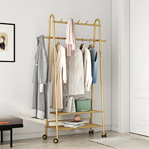 TIEOU Rolling Gold Clothing Rack, Gold Clothes Rack Heavy Duty, Clothing Rack for Hanging Clothes, Modern Clothing Rack, Coat Rack Stand, Gold Clothing Rack, Garment Rack, Pipe Clothing Rack, Gold