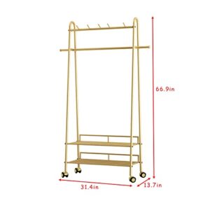 TIEOU Rolling Gold Clothing Rack, Gold Clothes Rack Heavy Duty, Clothing Rack for Hanging Clothes, Modern Clothing Rack, Coat Rack Stand, Gold Clothing Rack, Garment Rack, Pipe Clothing Rack, Gold