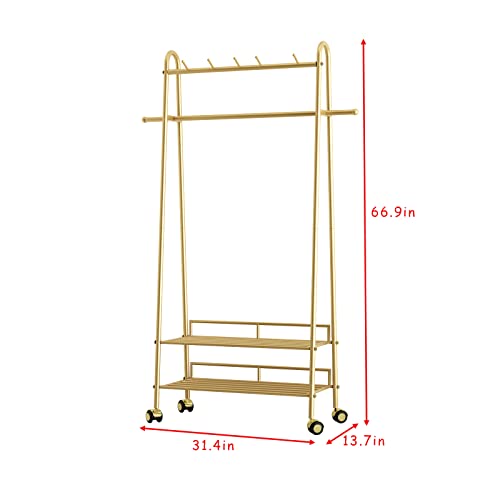 TIEOU Rolling Gold Clothing Rack, Gold Clothes Rack Heavy Duty, Clothing Rack for Hanging Clothes, Modern Clothing Rack, Coat Rack Stand, Gold Clothing Rack, Garment Rack, Pipe Clothing Rack, Gold