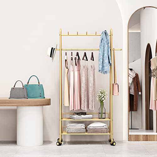 TIEOU Rolling Gold Clothing Rack, Gold Clothes Rack Heavy Duty, Clothing Rack for Hanging Clothes, Modern Clothing Rack, Coat Rack Stand, Gold Clothing Rack, Garment Rack, Pipe Clothing Rack, Gold