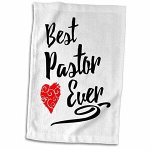 3D Rose Best Pastor Ever Design in Black Script with Red Heart Motif Hand Towel, 15" x 22", Multicolor