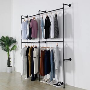 ZGZR Modern Simple Industrial Pipe Double Hanging Rods Clothing Rack, Display Stand Shelves Wall Mounted Garment Rack,Heavy Duty Detachable Garment Bar, 89.8in Black