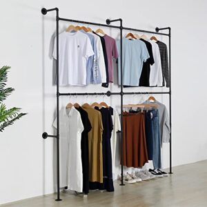 ZGZR Modern Simple Industrial Pipe Double Hanging Rods Clothing Rack, Display Stand Shelves Wall Mounted Garment Rack,Heavy Duty Detachable Garment Bar, 89.8in Black