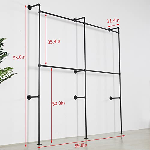 ZGZR Modern Simple Industrial Pipe Double Hanging Rods Clothing Rack, Display Stand Shelves Wall Mounted Garment Rack,Heavy Duty Detachable Garment Bar, 89.8in Black