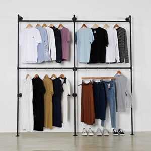 ZGZR Modern Simple Industrial Pipe Double Hanging Rods Clothing Rack, Display Stand Shelves Wall Mounted Garment Rack,Heavy Duty Detachable Garment Bar, 89.8in Black