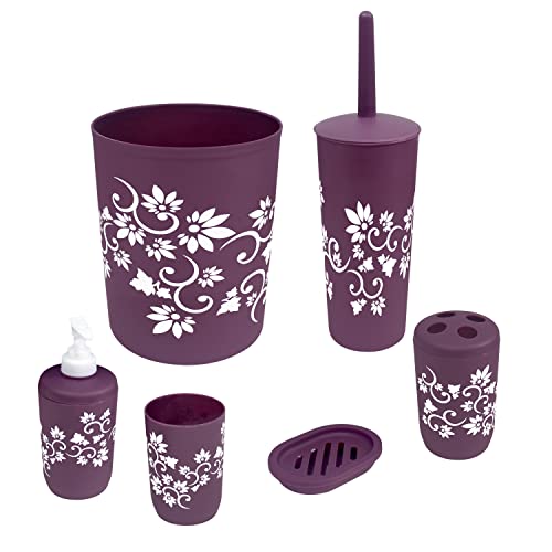 Blue Donuts Bathroom Accessories Set Complete, Toilet Brush and Holder, Trash Can, Toothbrush Holder, Purple, 7 Pieces