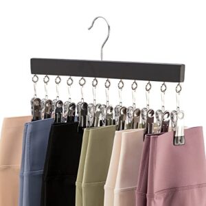 cinpiuk legging organizer for closet, wooden hangers with clips holds 12 leggings/yoga pants/jeans/skirts, hanging pants hangers w/rubber coated clips space saving closet organizer, black