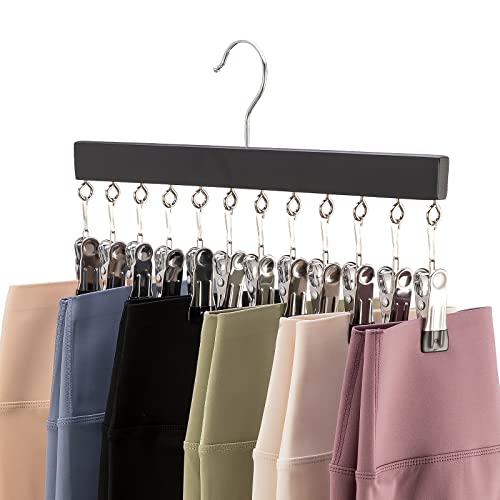 CINPIUK Legging Organizer for Closet, Wooden Hangers with Clips Holds 12 Leggings/Yoga Pants/Jeans/Skirts, Hanging Pants Hangers w/Rubber Coated Clips Space Saving Closet Organizer, Black