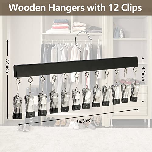 CINPIUK Legging Organizer for Closet, Wooden Hangers with Clips Holds 12 Leggings/Yoga Pants/Jeans/Skirts, Hanging Pants Hangers w/Rubber Coated Clips Space Saving Closet Organizer, Black