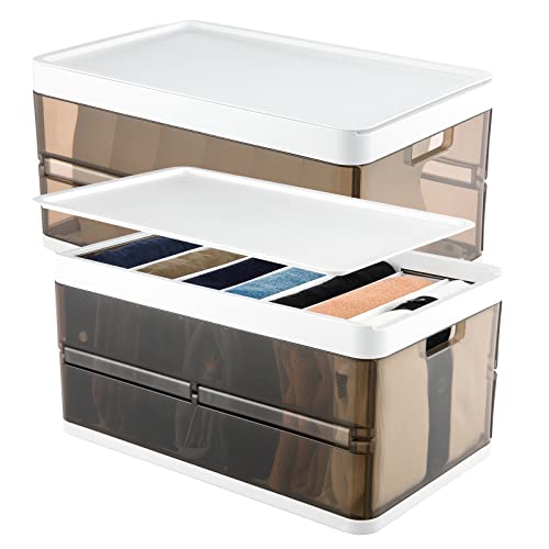 CINPIUK Stackable Storage Bins with Lids, Clear Drawer Organizers for Clothing, Collapsible Storage Bins Closet Drawers for Clothes, Toys, w/Removable Grids, 2Pcs