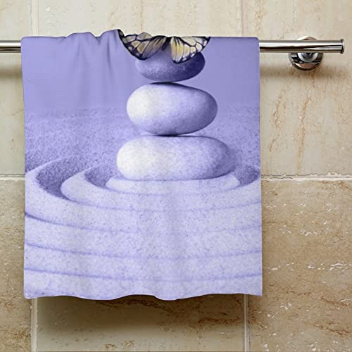 TsyTma Butterfly on Zen Stones Hand Towels Purple Quick Dry Bathroom Washcloth 30 X 15 Inches for Beach Guest Hotel Spa Gym Sports Yoga Home