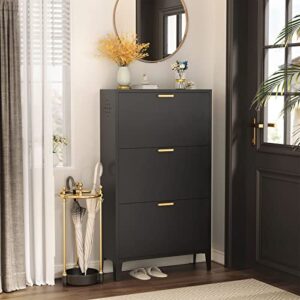 shoe cabinet for entryway slim - 3 drawer all steel shoe storage cabinet with flip door & gold handle for hallway, living room, black